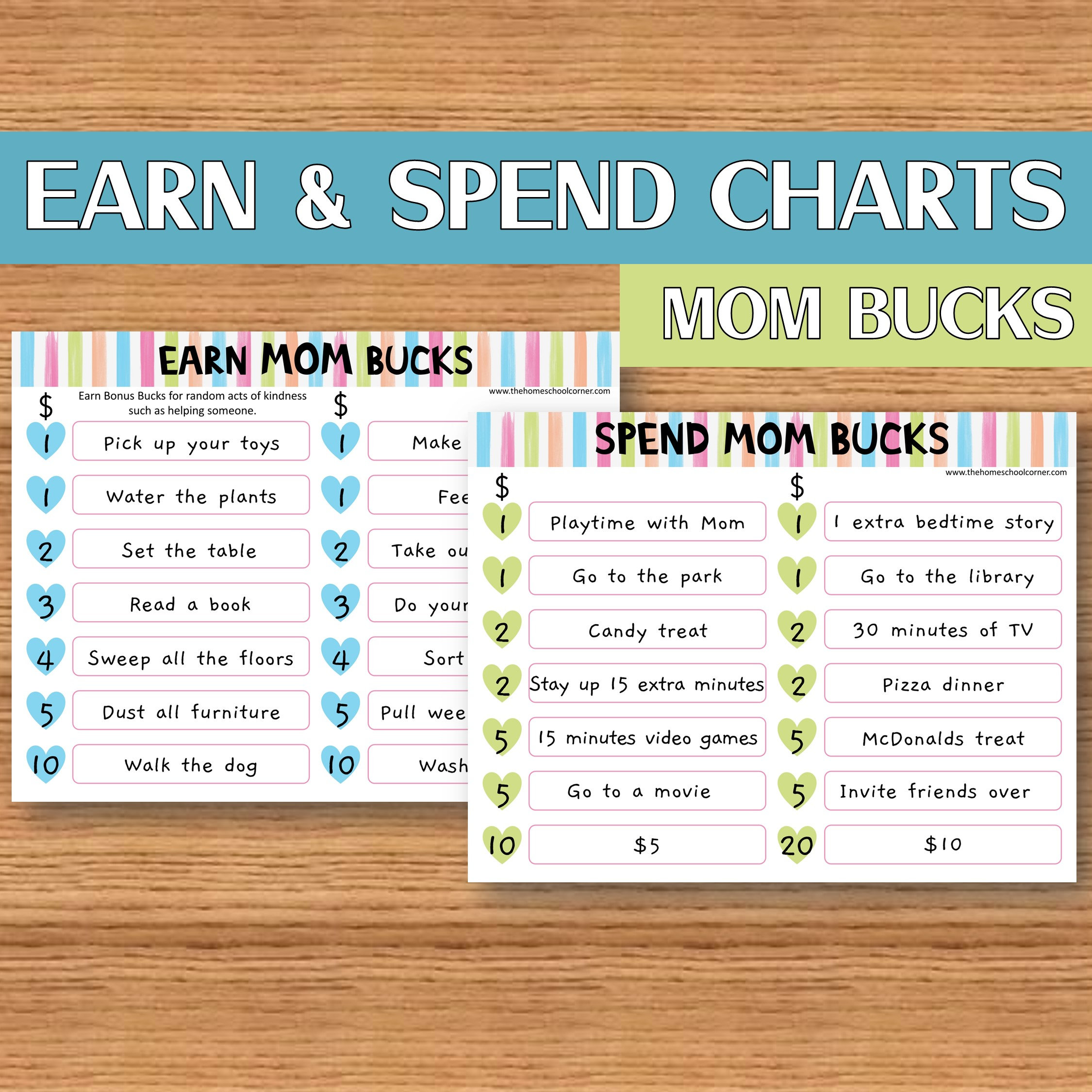 Mom Bucks Chart, Earn Spend Printable Charts, Chore Chart, Reward ...
