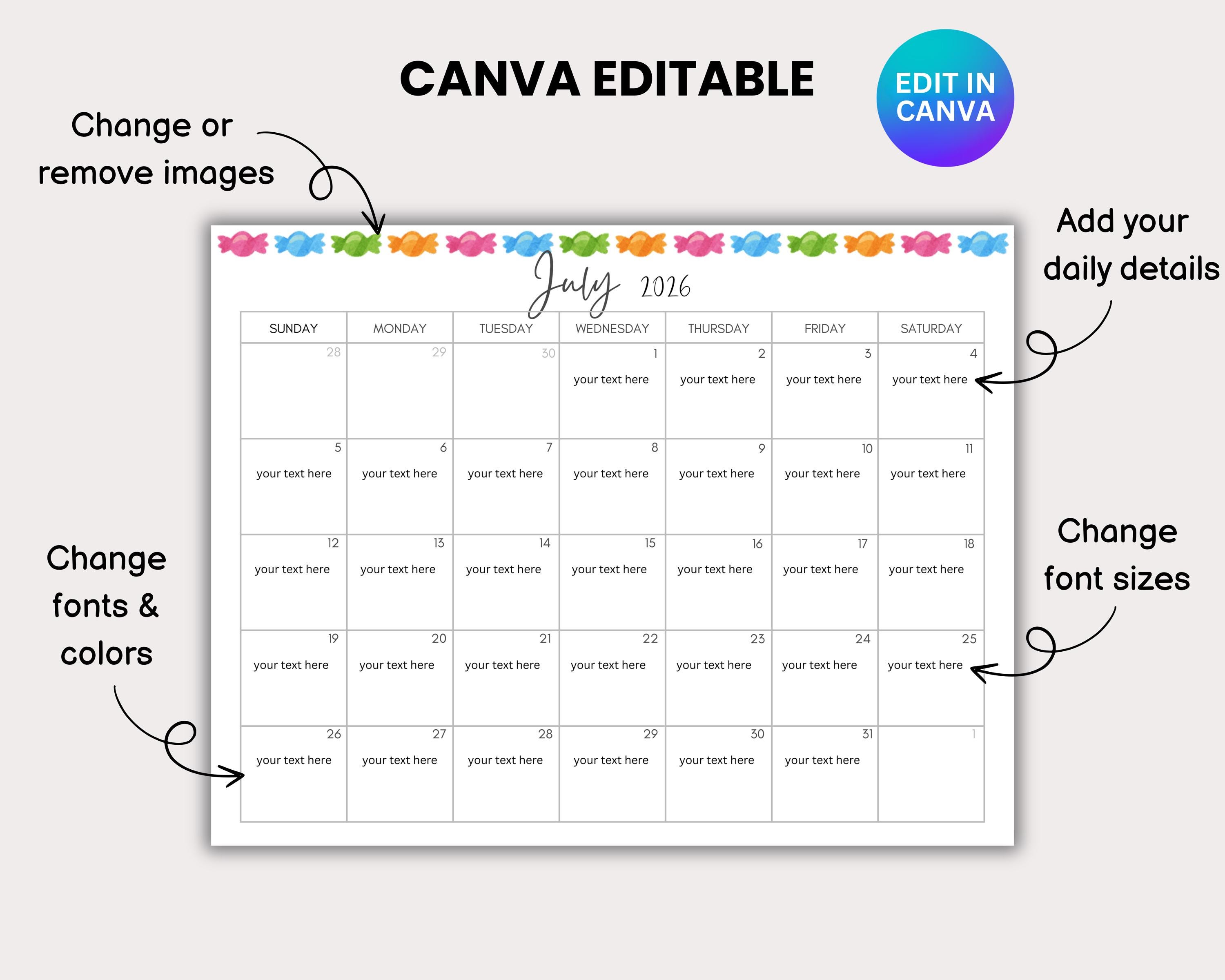 EDITABLE Summer 2026 Calendar Set: May, June, July, August, September ...