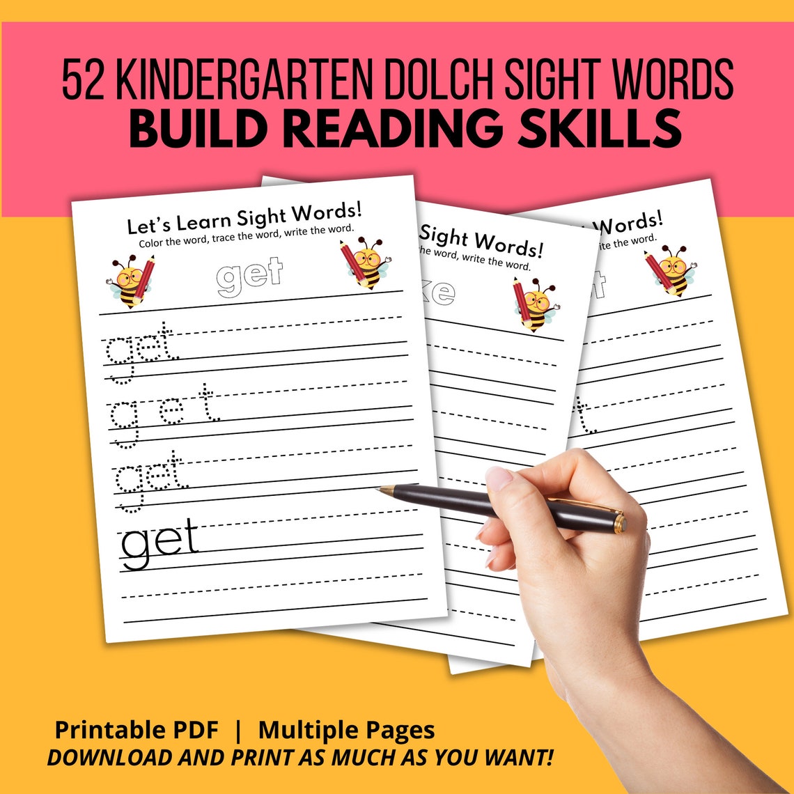 52 Printable Dolch Kindergarten Sight Words Worksheets, Bonus 52 ...
