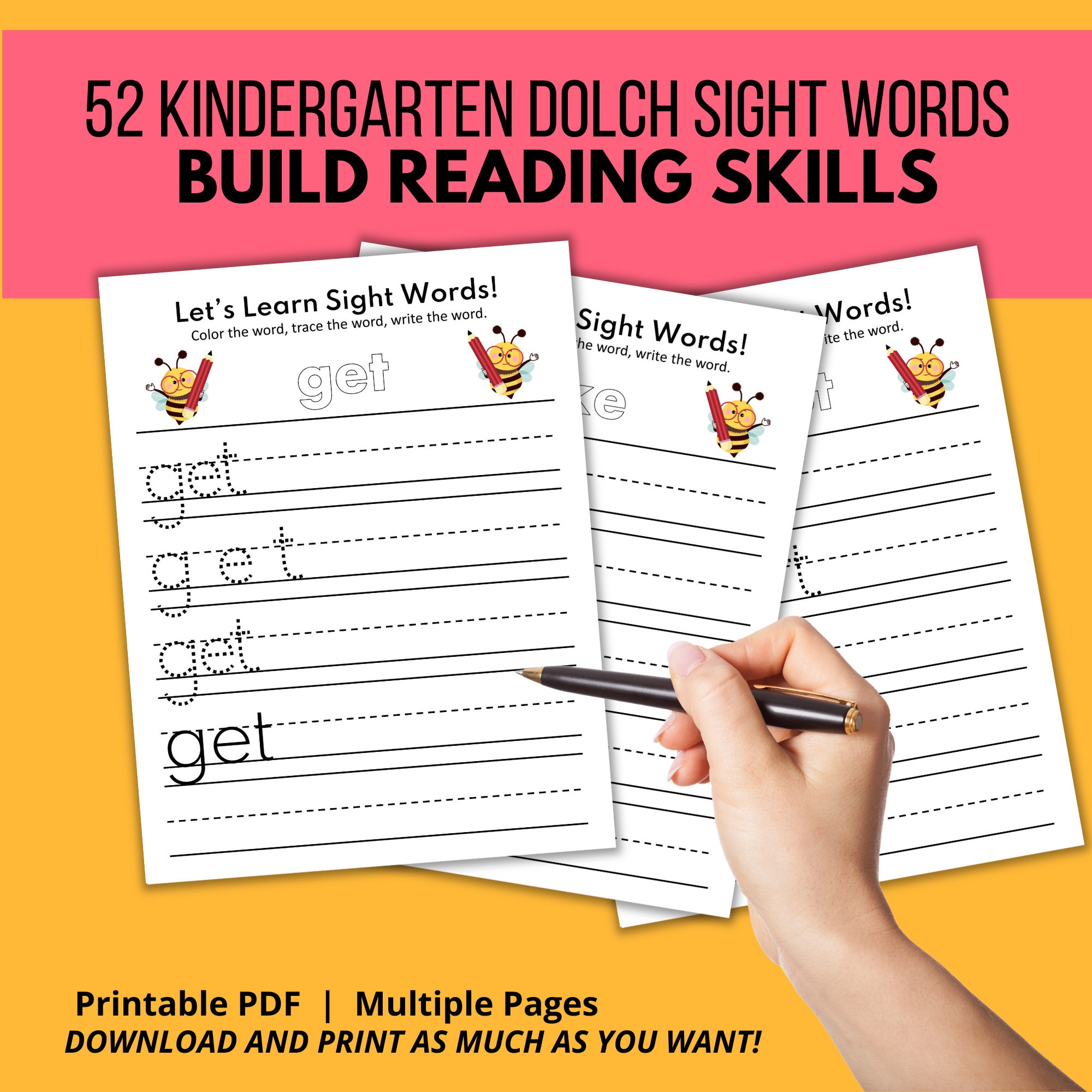 52 Printable Dolch Kindergarten Sight Words Worksheets, Bonus 52 ...