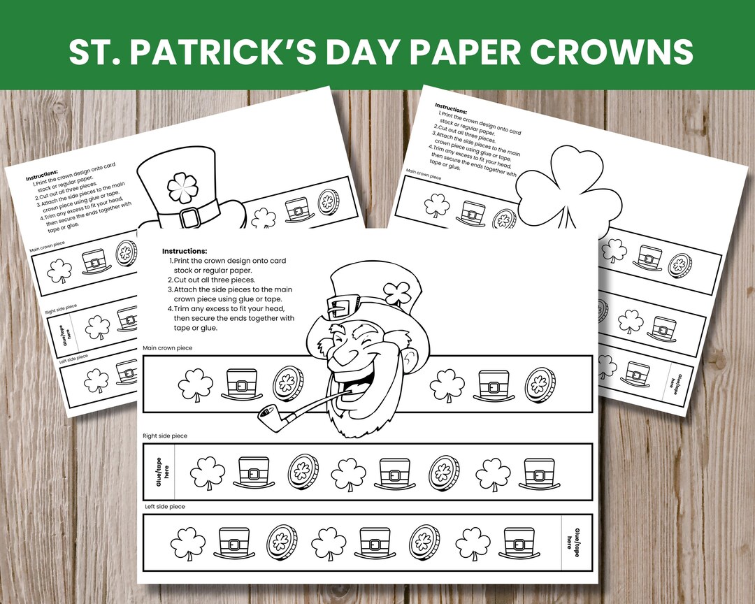 St. Patrick's Day Paper Coloring Crowns: Printable Leprechaun Shamrock ...