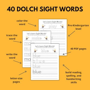 40 Printable Dolch Pre-k Sight Words Worksheets, Bonus Pre-k Sight Word ...
