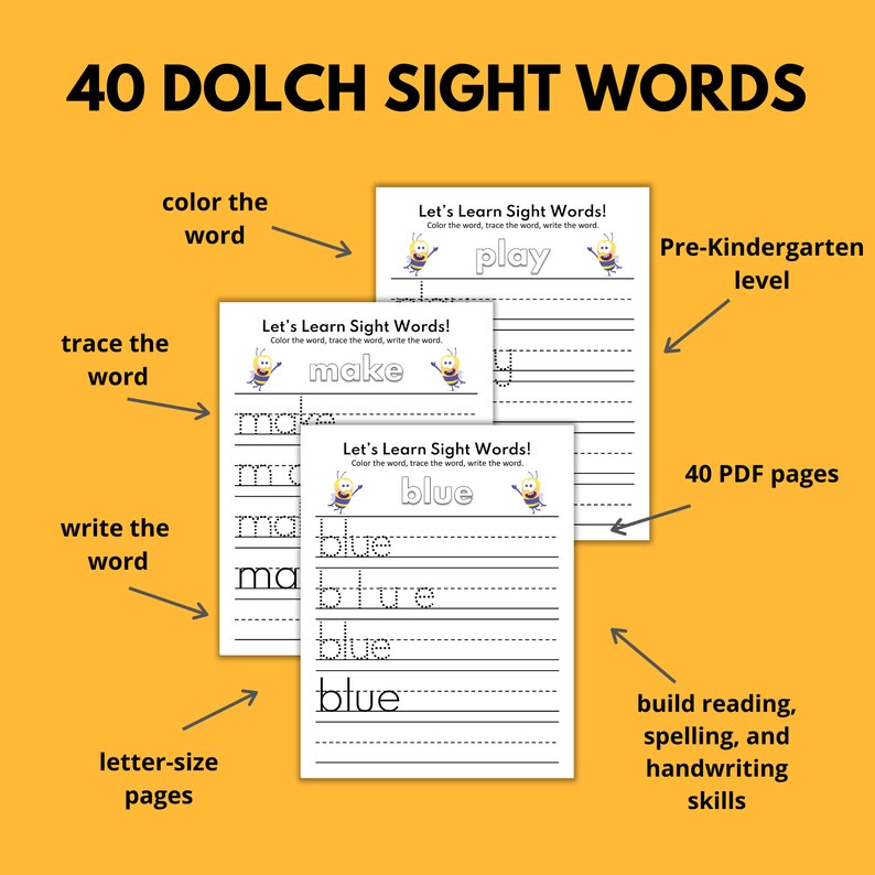 40 Printable Dolch Pre-k Sight Words Worksheets, Bonus Pre-k Sight Word ...