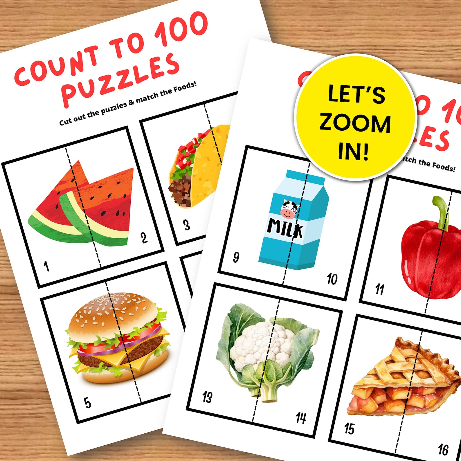 Kindergarten Numbers Count 1 to 100 Puzzles, Match the Foods ...