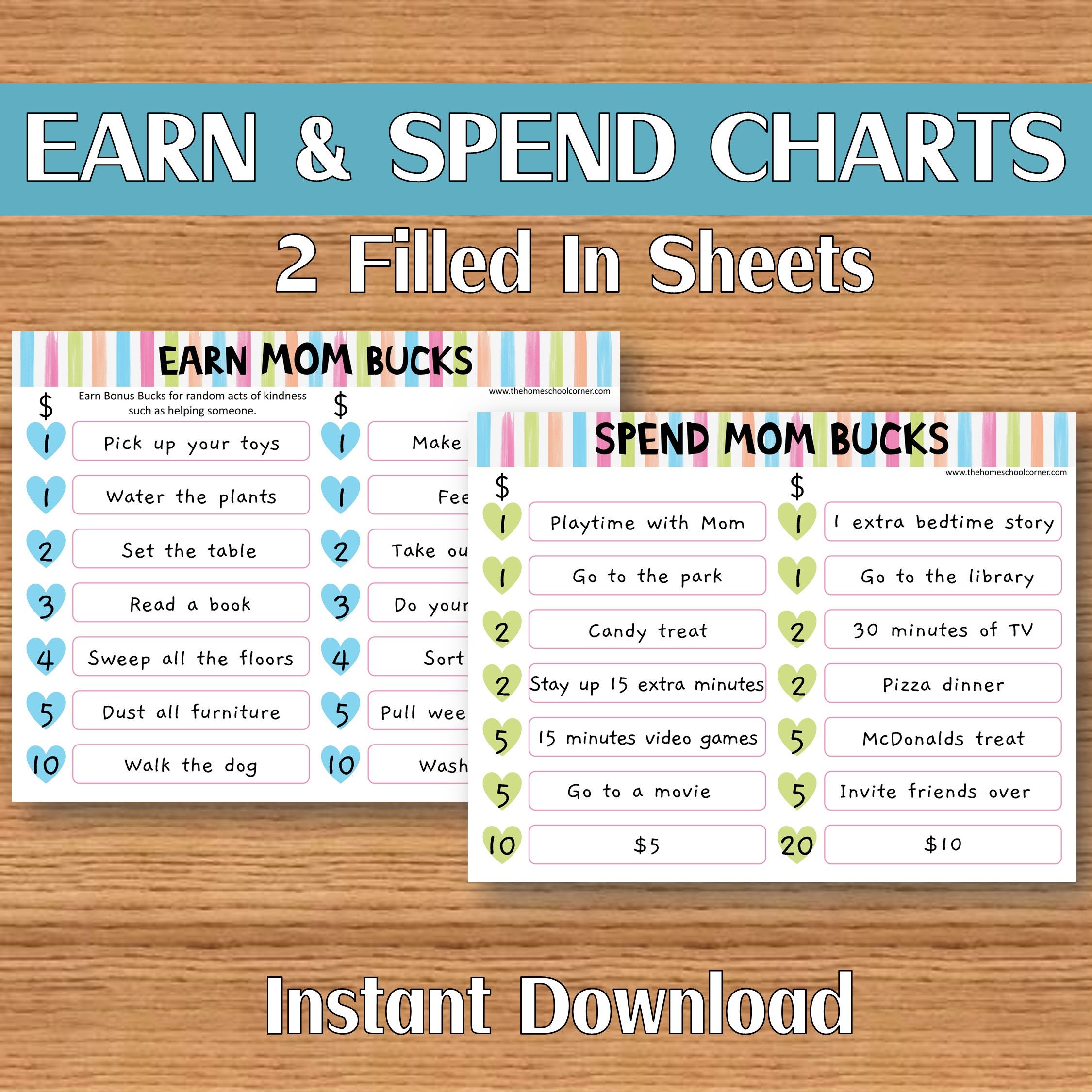 Mom Bucks Chart, Earn Spend Printable Charts, Chore Chart, Reward ...