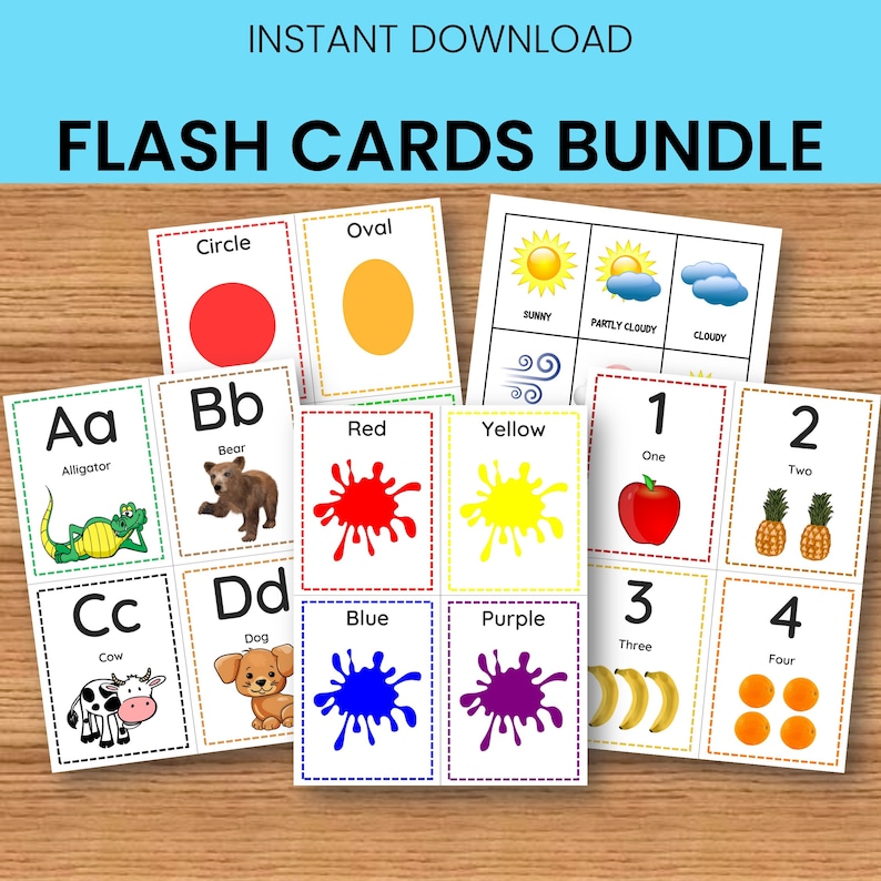 Flash Cards Bundle, 26 Alphabet Letters, Numbers 1 to 20, 16 Shapes, 11 ...