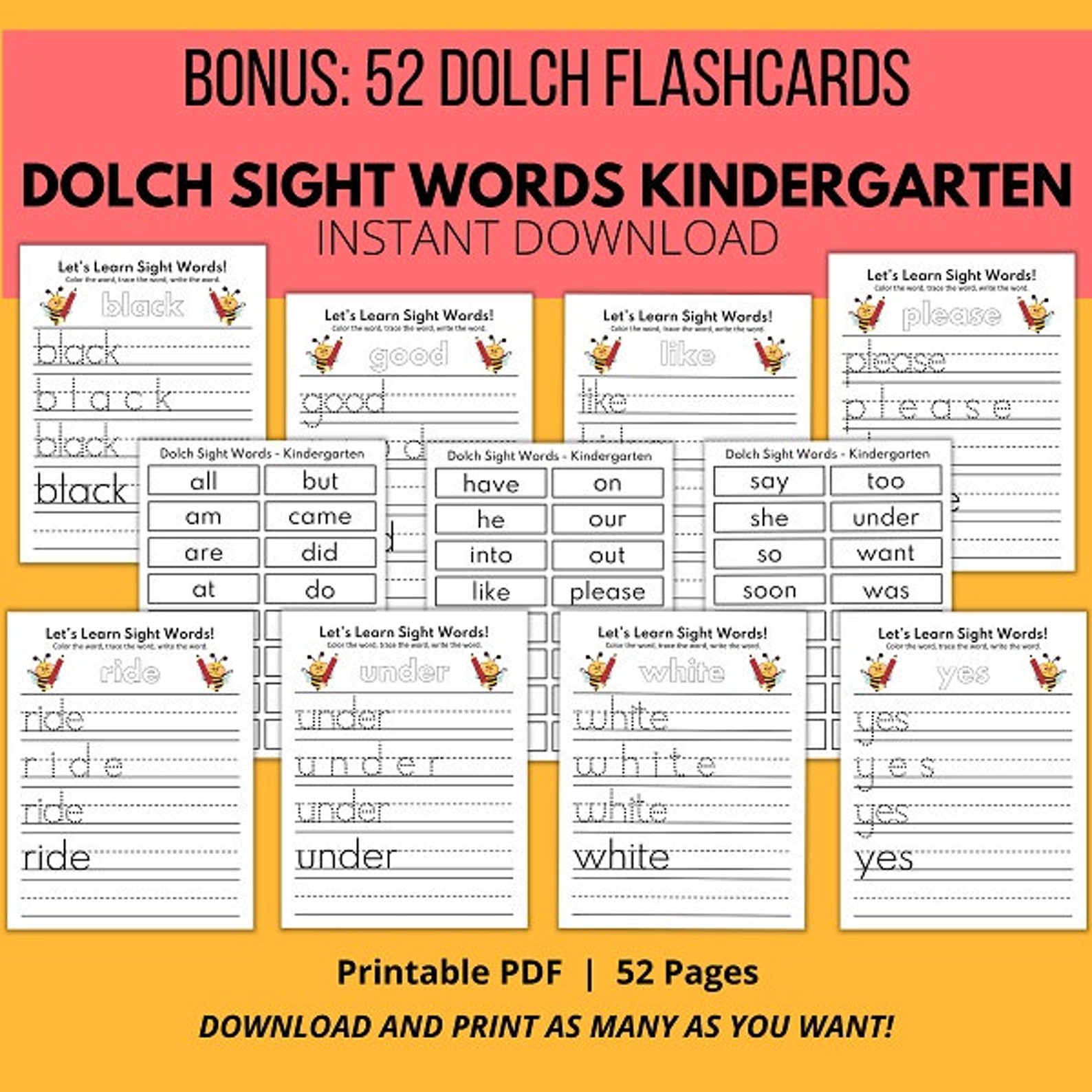 52 Printable Dolch Kindergarten Sight Words Worksheets, Bonus 52 ...