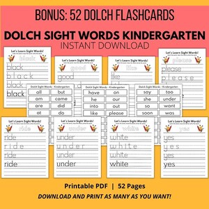 52 Printable Dolch Kindergarten Sight Words Worksheets, Bonus 52 ...