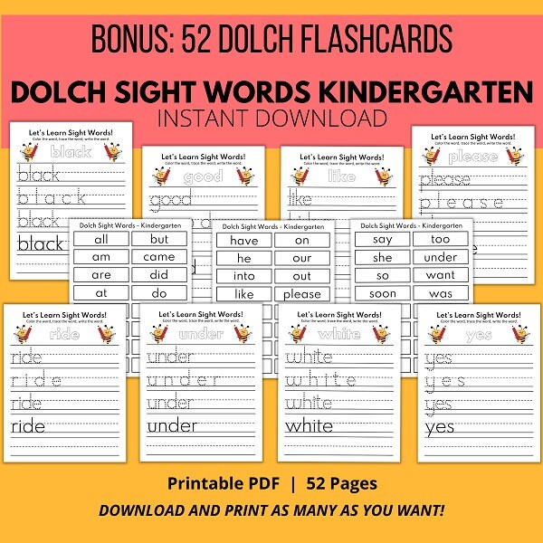 52 Printable Dolch Kindergarten Sight Words Worksheets, Bonus 52 ...