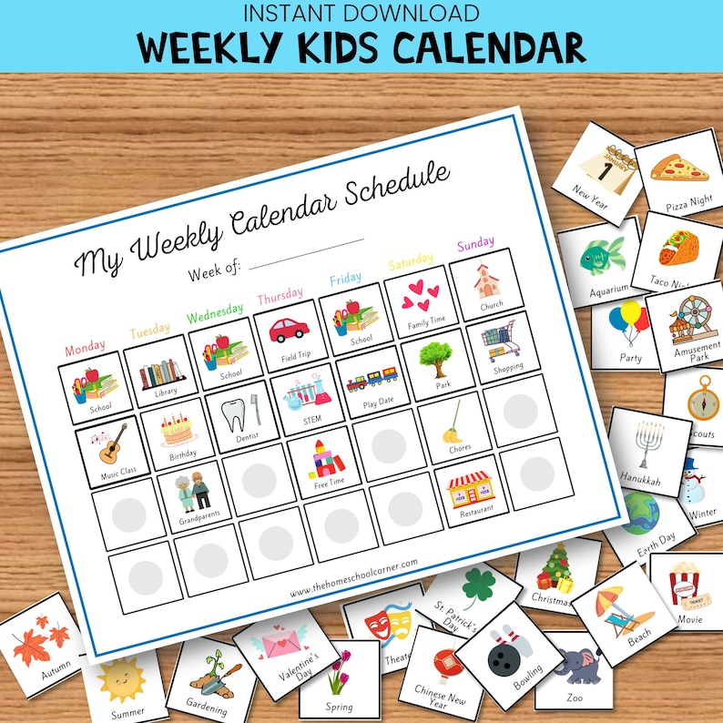 Weekly Kids Calendar, Printable Visual Schedule, Perpetual Calendar ...