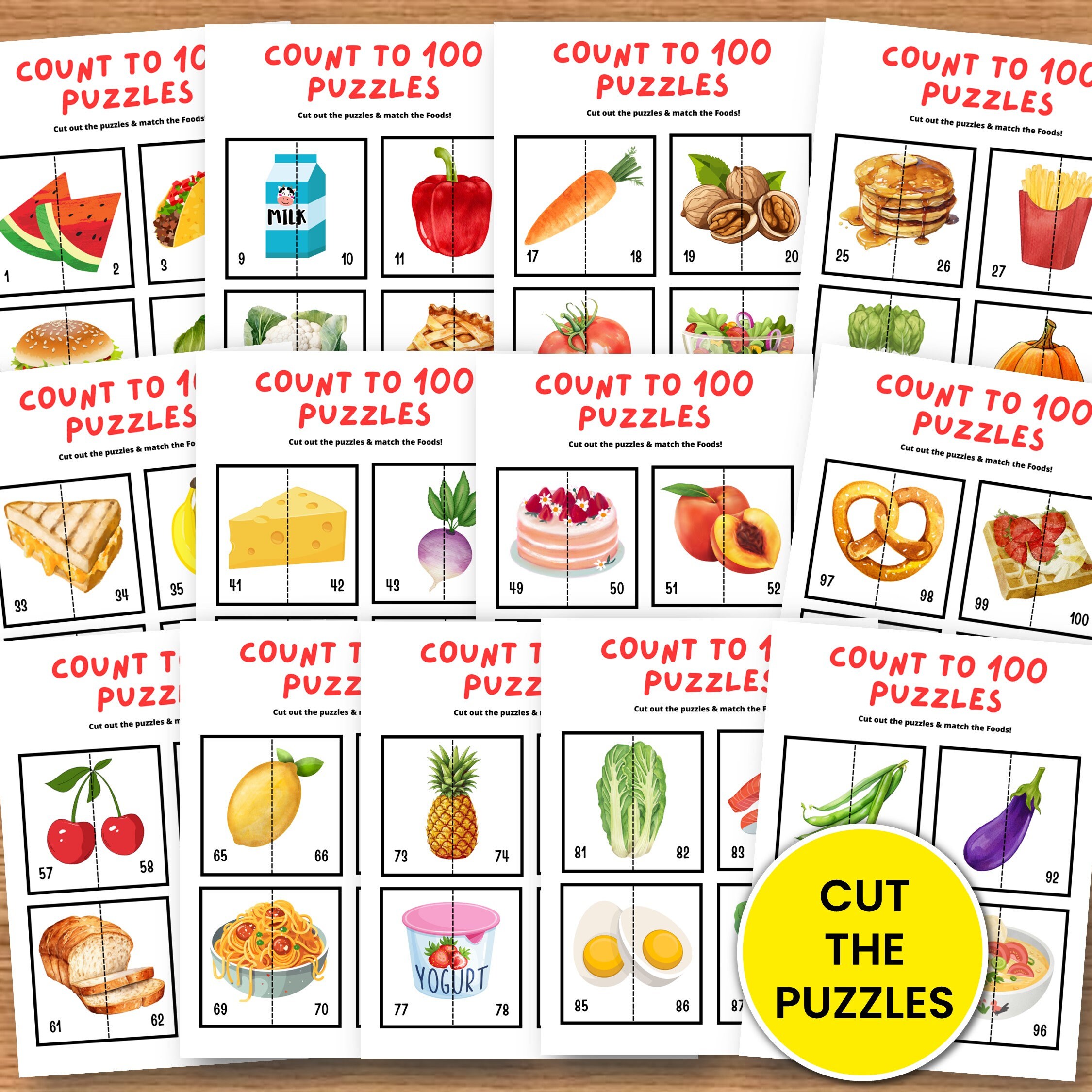 Kindergarten Numbers Count 1 to 100 Puzzles, Match the Foods ...
