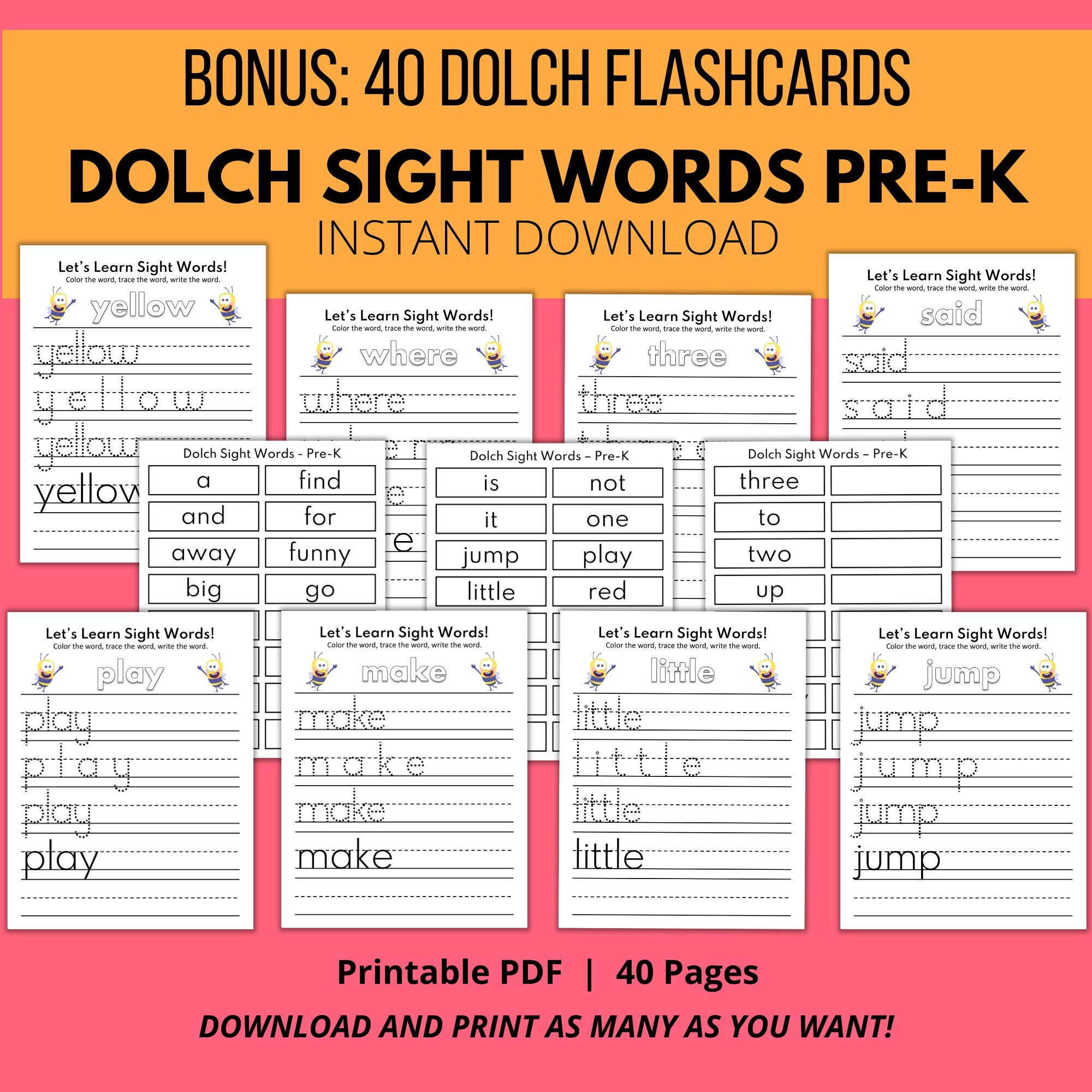 40 Printable Dolch Pre-k Sight Words Worksheets, Bonus Pre-k Sight Word ...