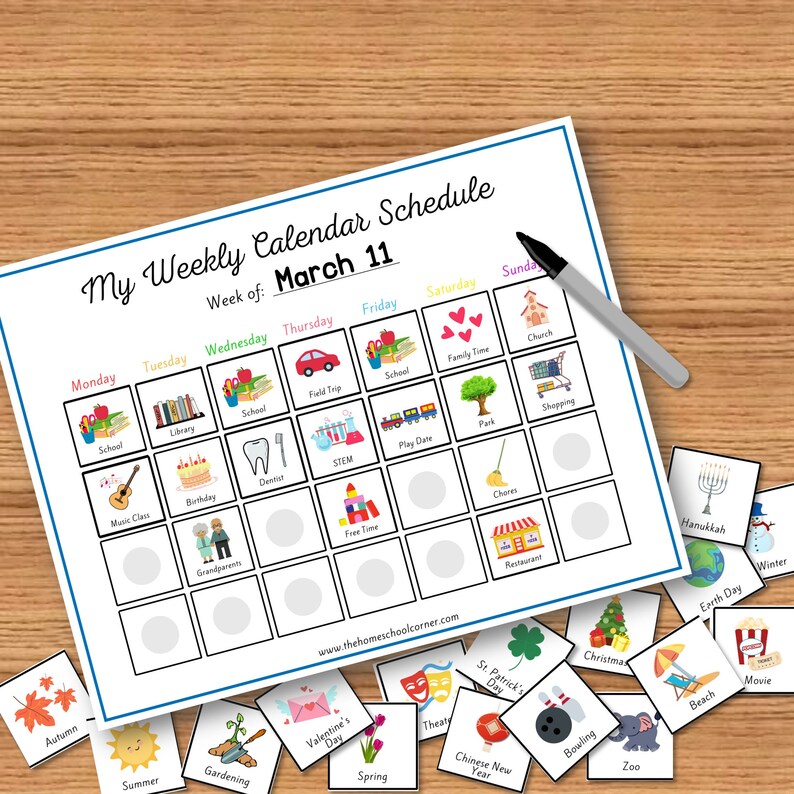 Weekly Kids Calendar, Printable Visual Schedule, Perpetual Calendar ...