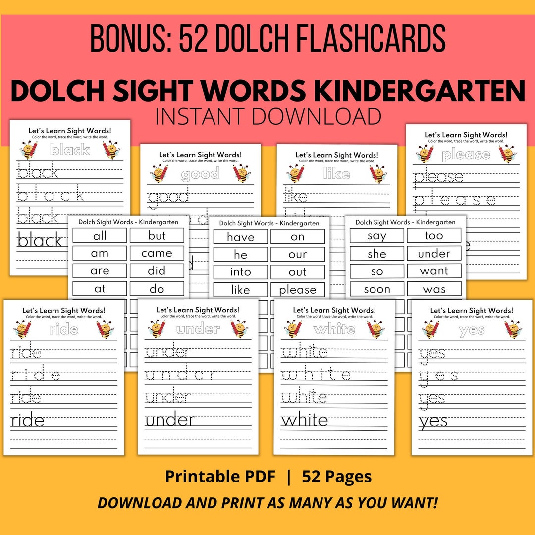 52 Printable Dolch Kindergarten Sight Words Worksheets Bonus - Etsy