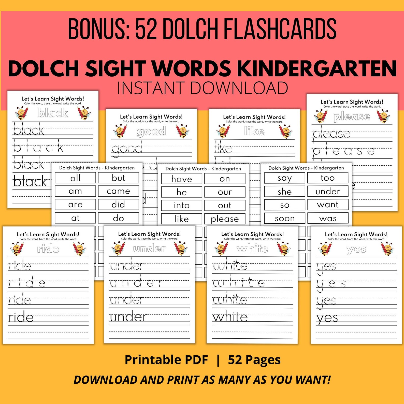 52 Printable Dolch Kindergarten Sight Words Worksheets, Bonus 52 ...