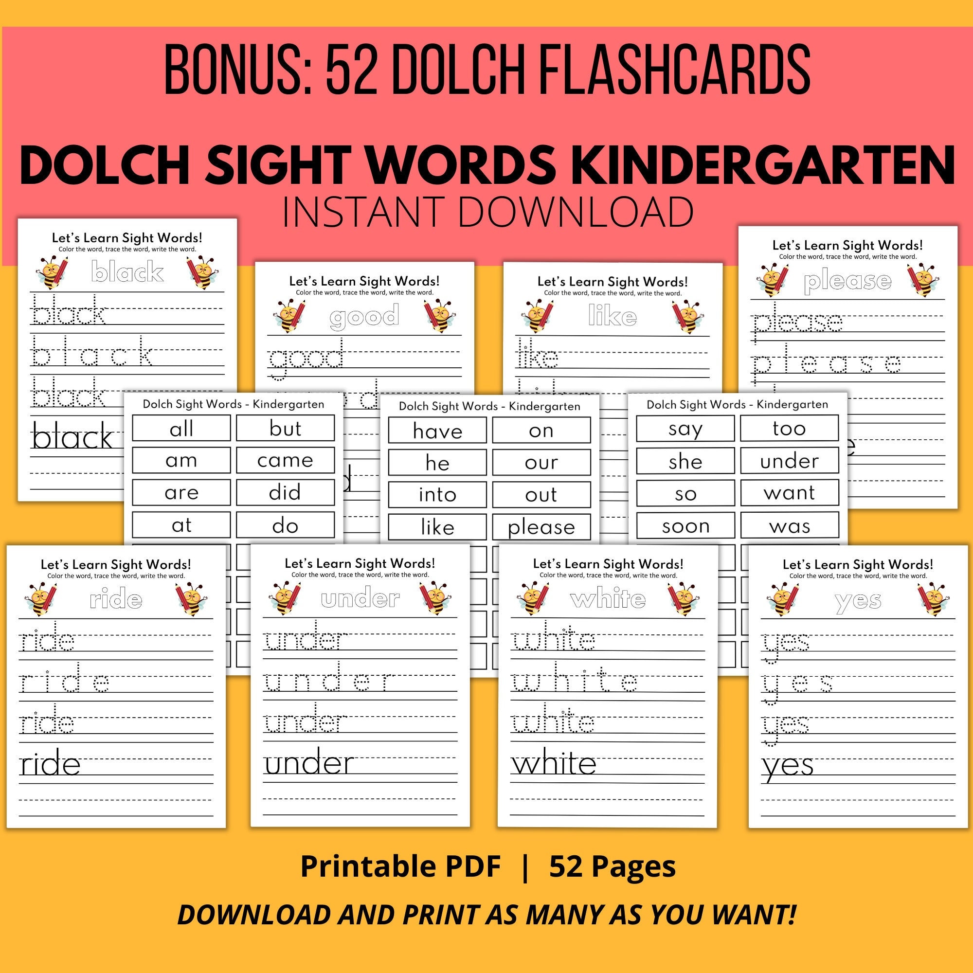 52 Printable Dolch Kindergarten Sight Words Worksheets, Bonus 52 ...