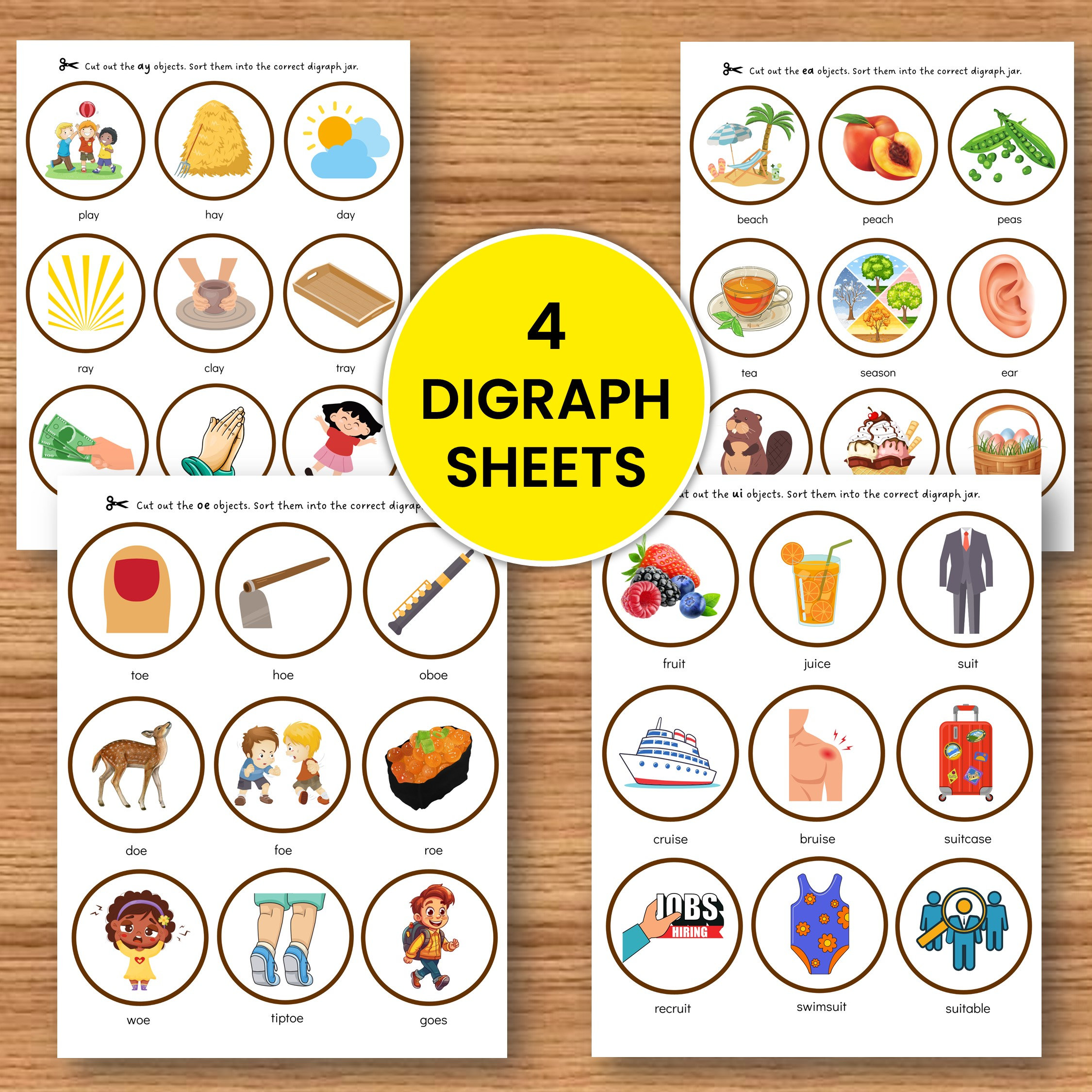 Vowel Digraph Sorting Activity Jars, Long Vowels Ay Ea Oe Ui, Vowel ...