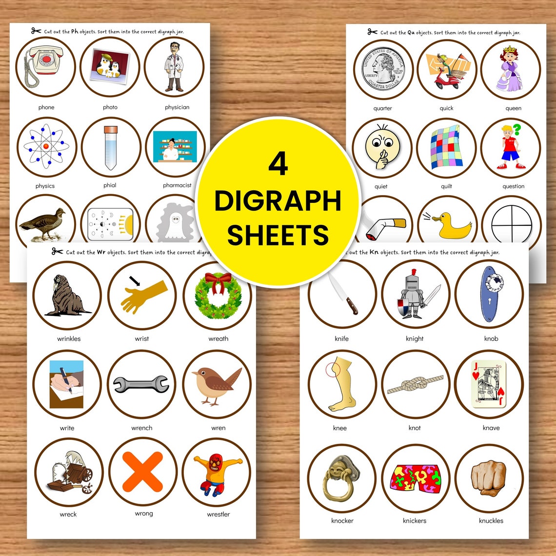 Digraph Sorting Activity Jars, Initial Consonant Digraphs Ph Wr Kn Qu ...