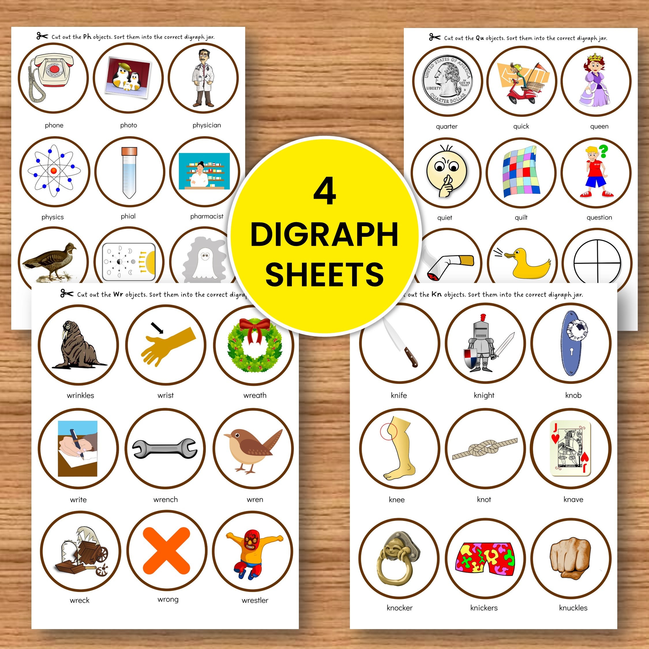 Digraph Sorting Activity Jars, Initial Consonant Digraphs Ph Wr Kn Qu ...