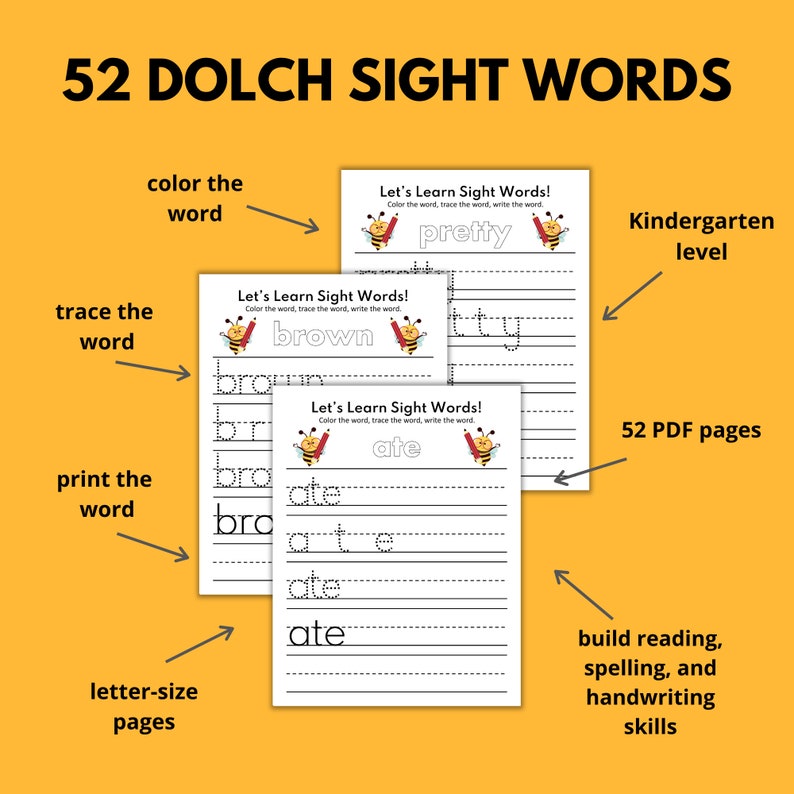 52 Printable Dolch Kindergarten Sight Words Worksheets, Bonus 52 ...