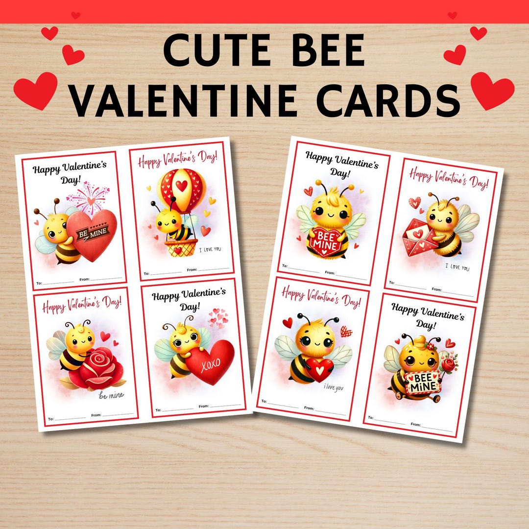 Cute Bee Valentines Day Card, Bee Greeting Cards, Kids Valentines ...