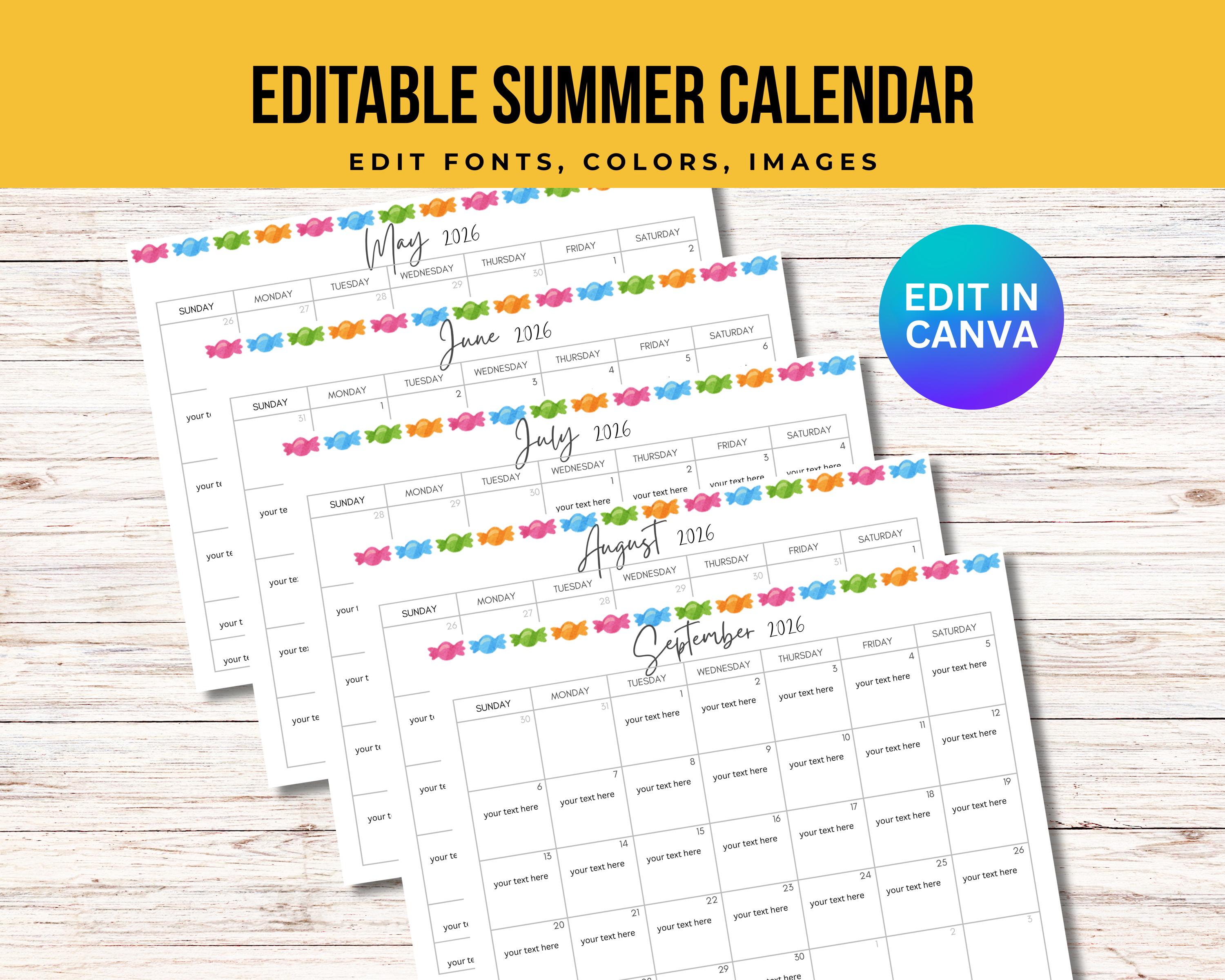 EDITABLE Summer 2026 Calendar Set: May, June, July, August, September ...
