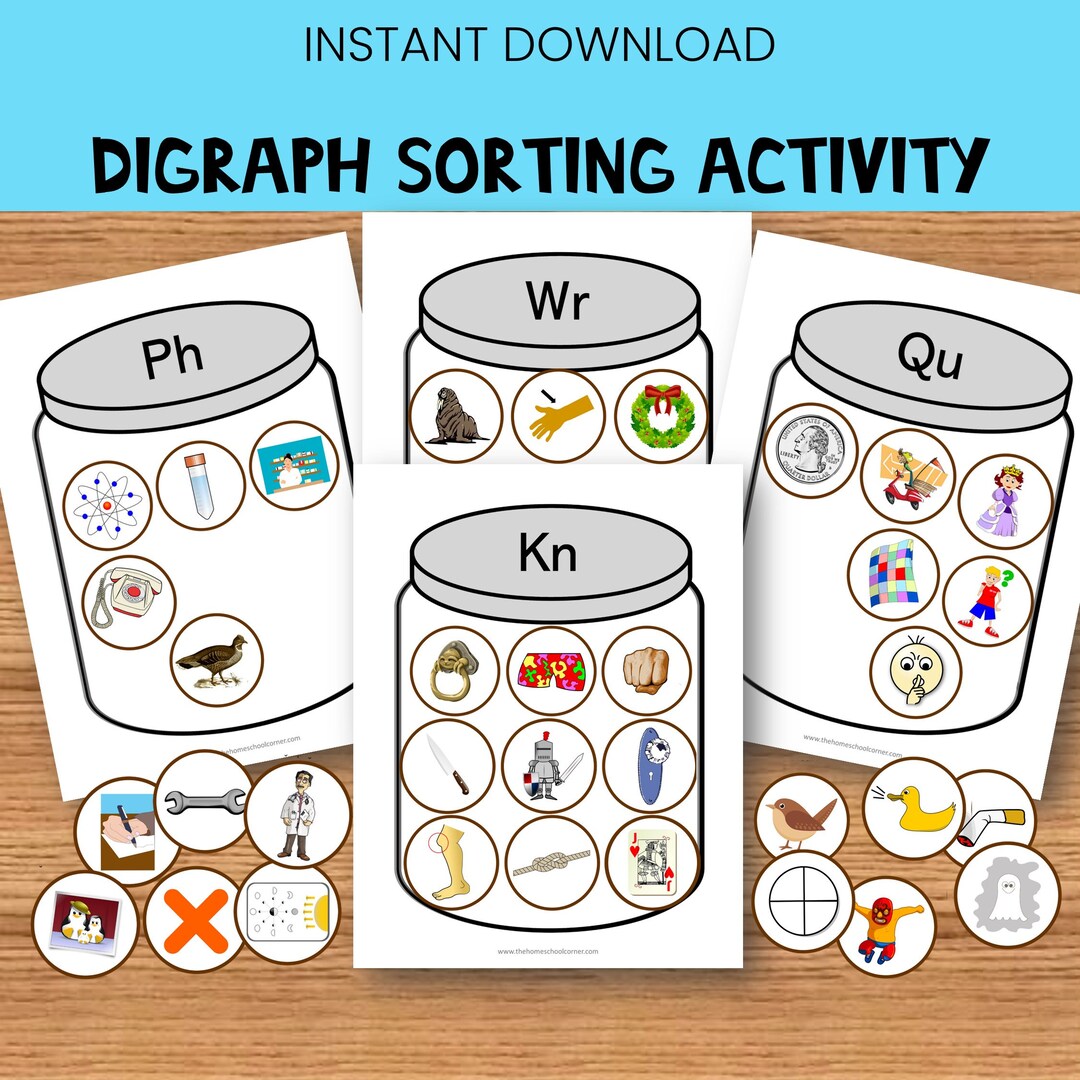 Digraph Sorting Activity Jars, Initial Consonant Digraphs Ph Wr Kn Qu ...