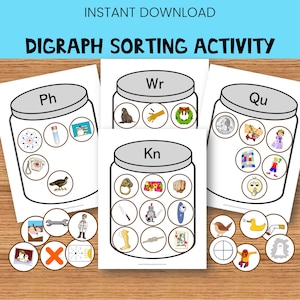 Digraph Sorting Activity Jars, Initial Consonant Digraphs Ph Wr Kn Qu ...