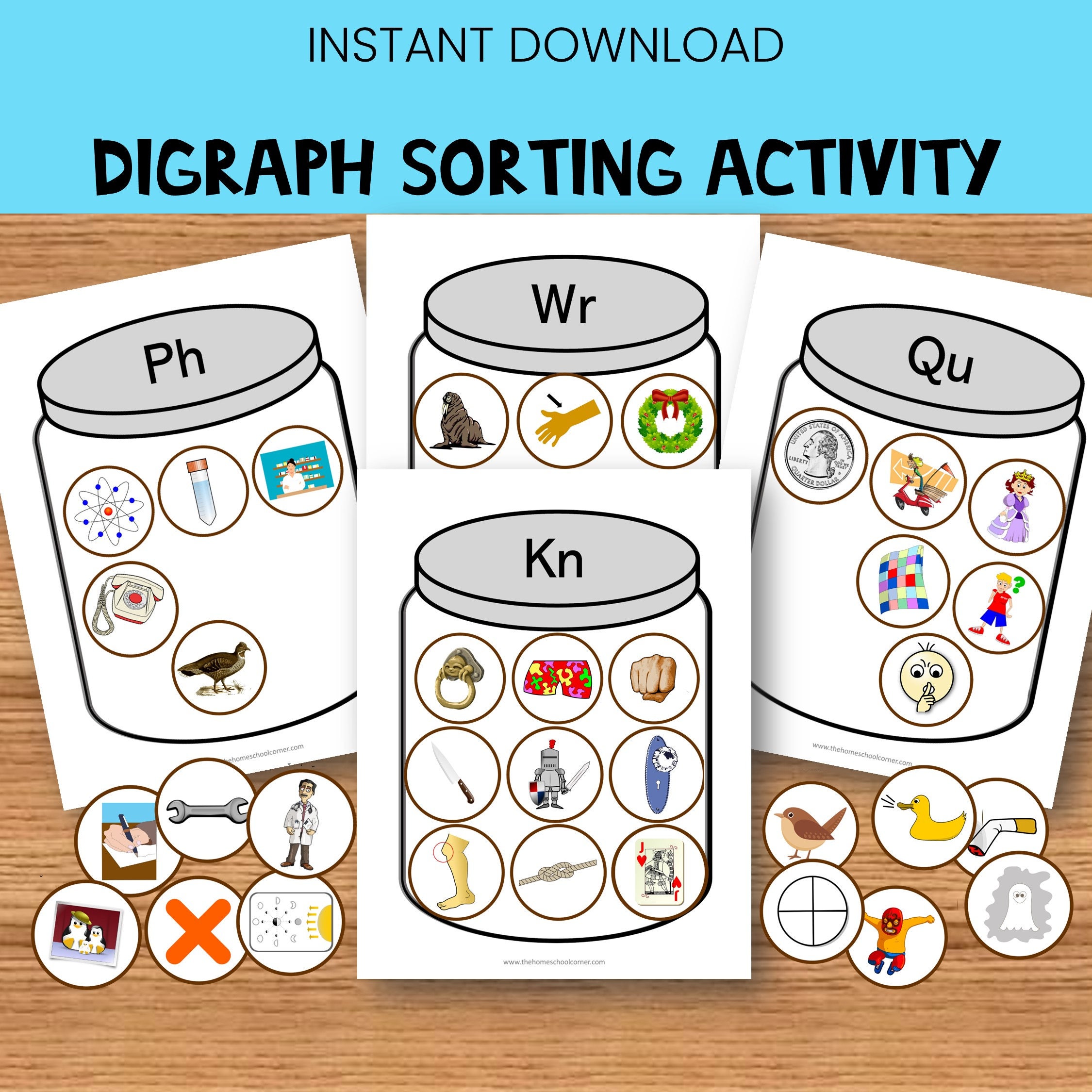 Digraph Sorting Activity Jars, Initial Consonant Digraphs Ph Wr Kn Qu ...