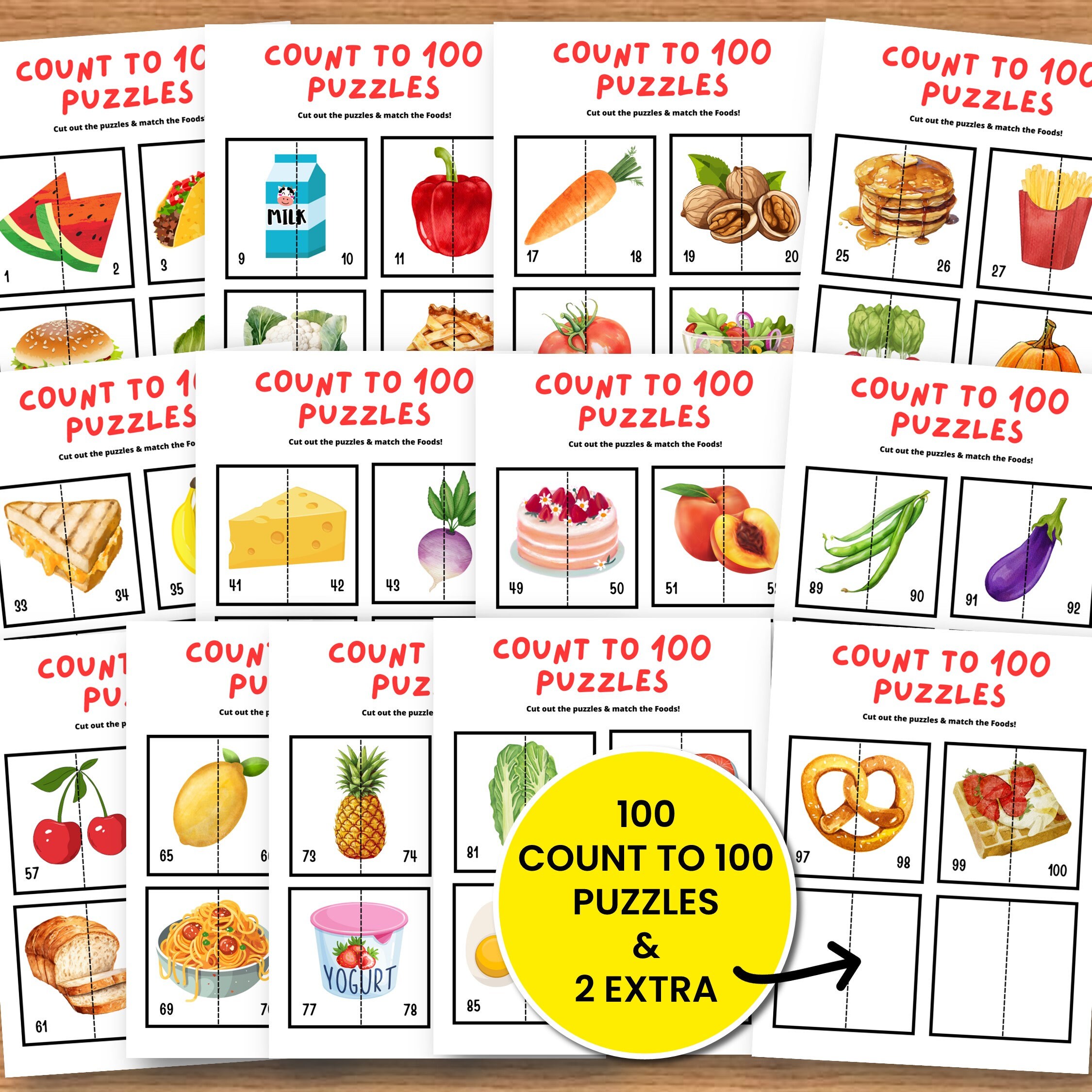 Kindergarten Numbers Count 1 to 100 Puzzles, Match the Foods ...