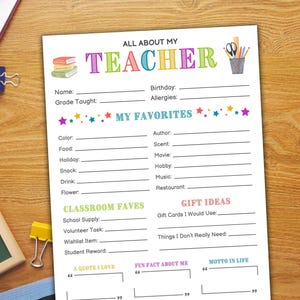 Teacher Favorites Survey: Printable Questionnaire (PDF Download) - Etsy