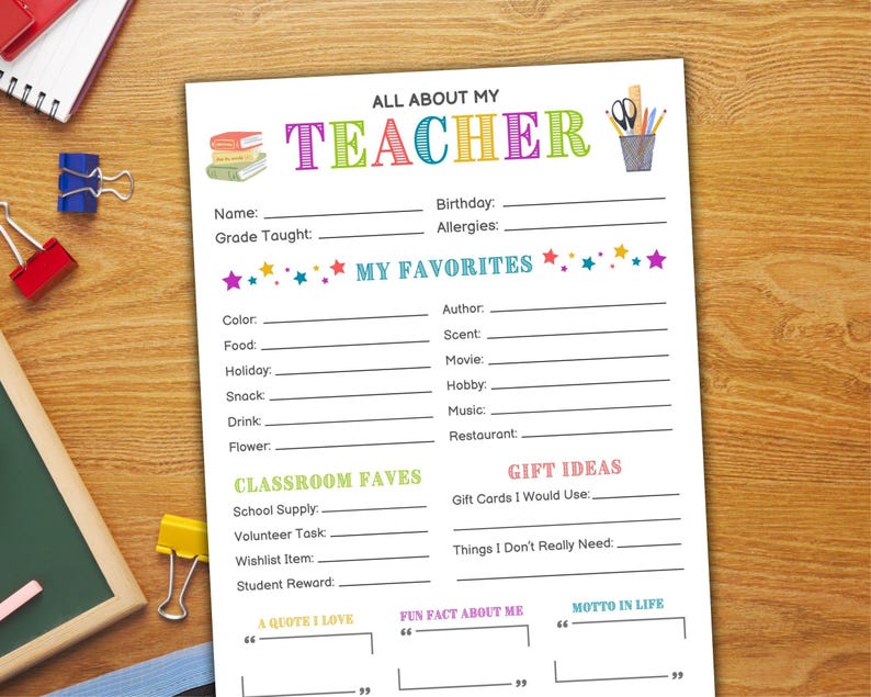 Teacher Favorites Survey: Printable Questionnaire (PDF Download) - Etsy