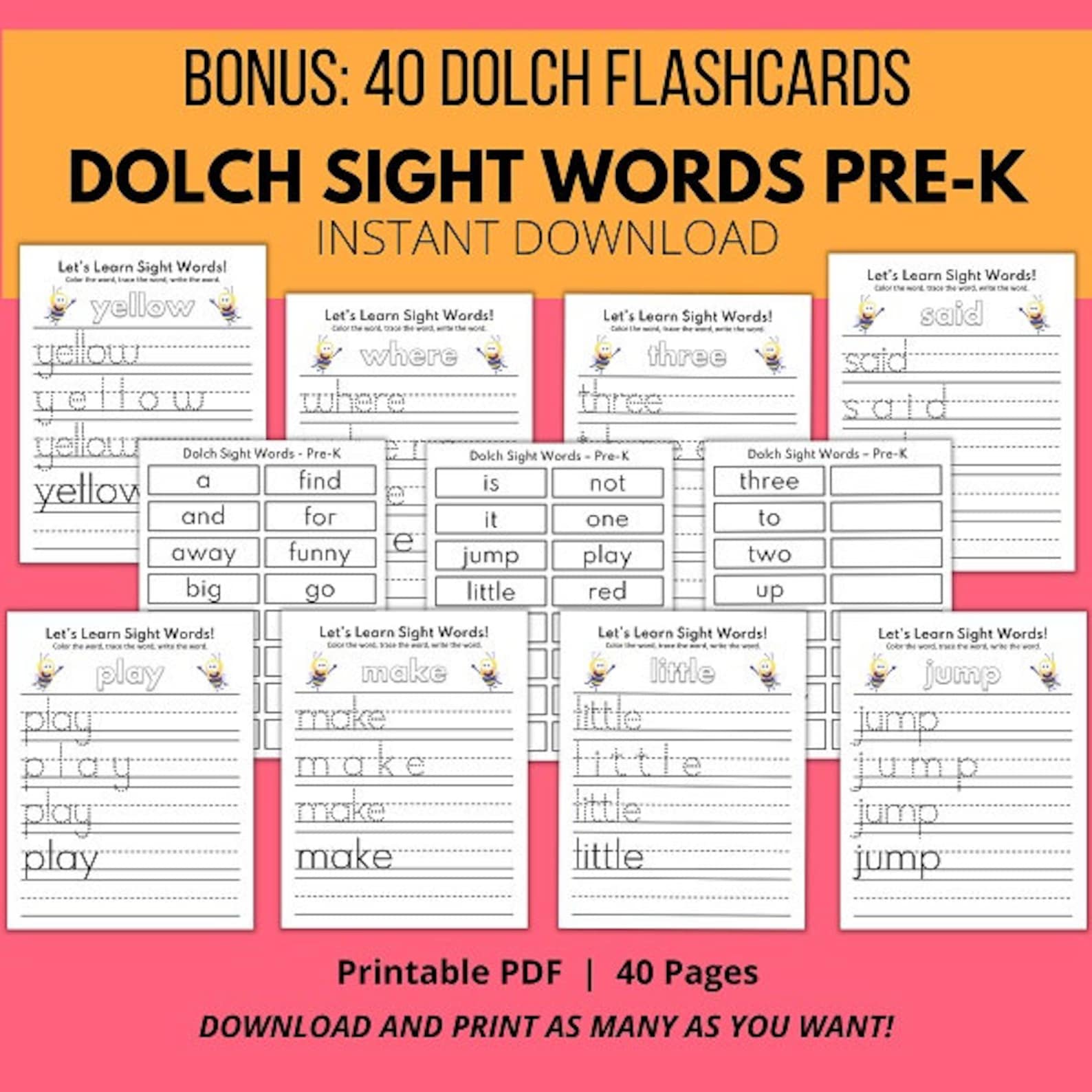 40 Printable Dolch Pre-k Sight Words Worksheets, Bonus Pre-k Sight Word ...