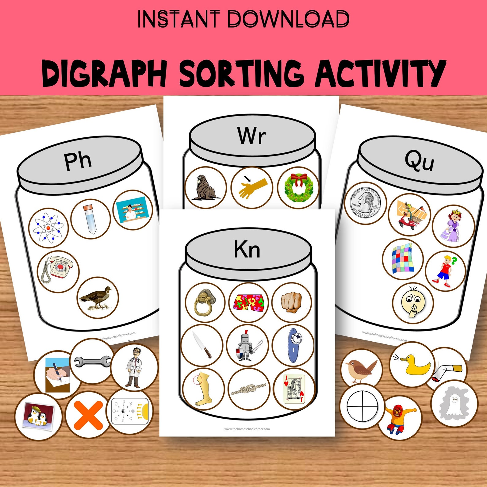 Digraph Sorting Activity Jars, Initial Consonant Digraphs Ph Wr Kn Qu ...