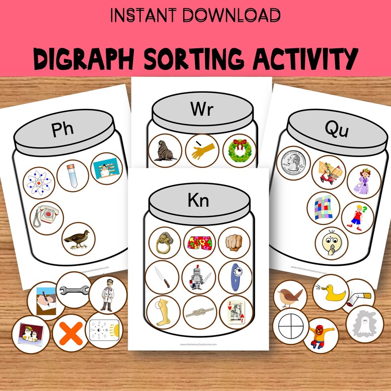Digraph Sorting Activity Jars, Initial Consonant Digraphs Ph Wr Kn Qu ...