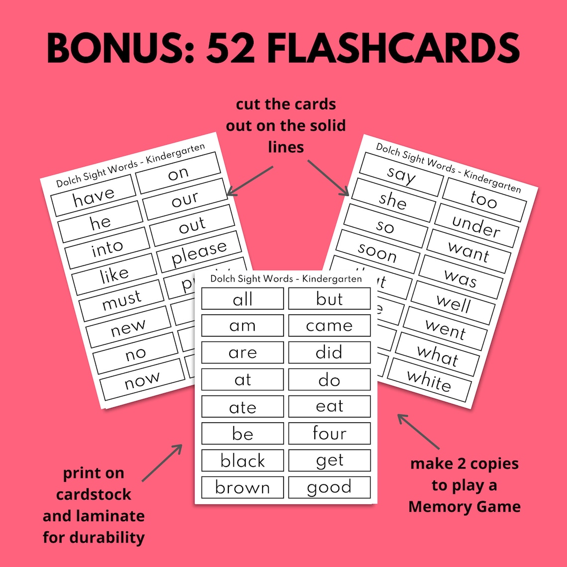 52 Printable Dolch Kindergarten Sight Words Worksheets, Bonus 52 ...