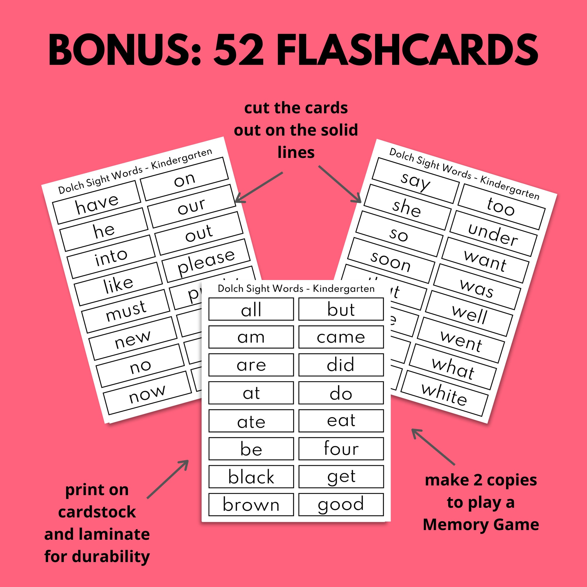 52 Printable Dolch Kindergarten Sight Words Worksheets, Bonus 52 ...