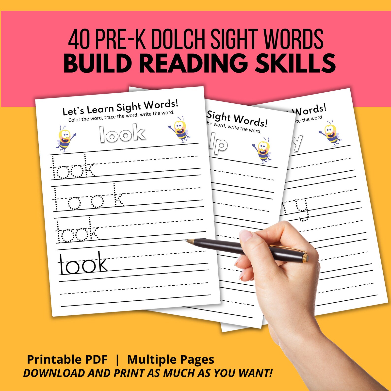 40 Printable Dolch Pre-k Sight Words Worksheets, Bonus Pre-k Sight Word ...