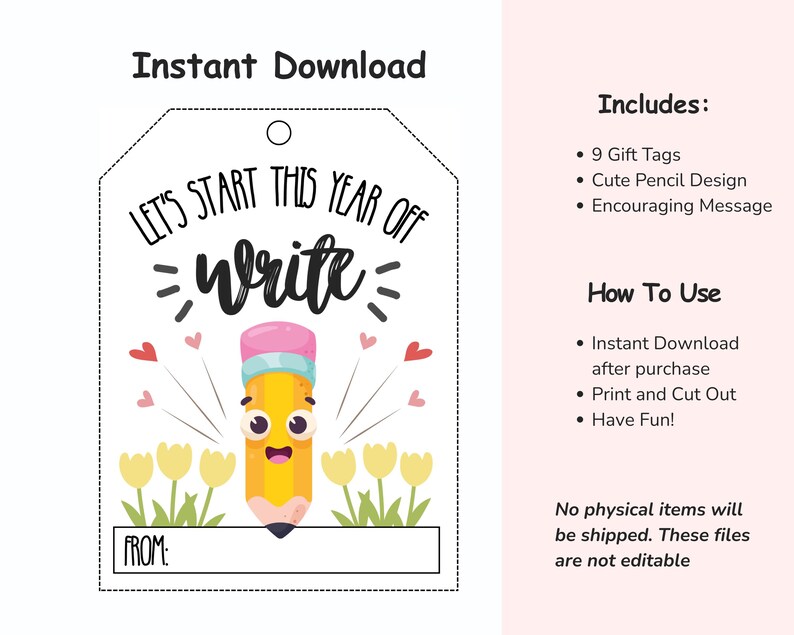 Back to School Pencil Gift Tag, Back to School Gift Tags, First Day of ...