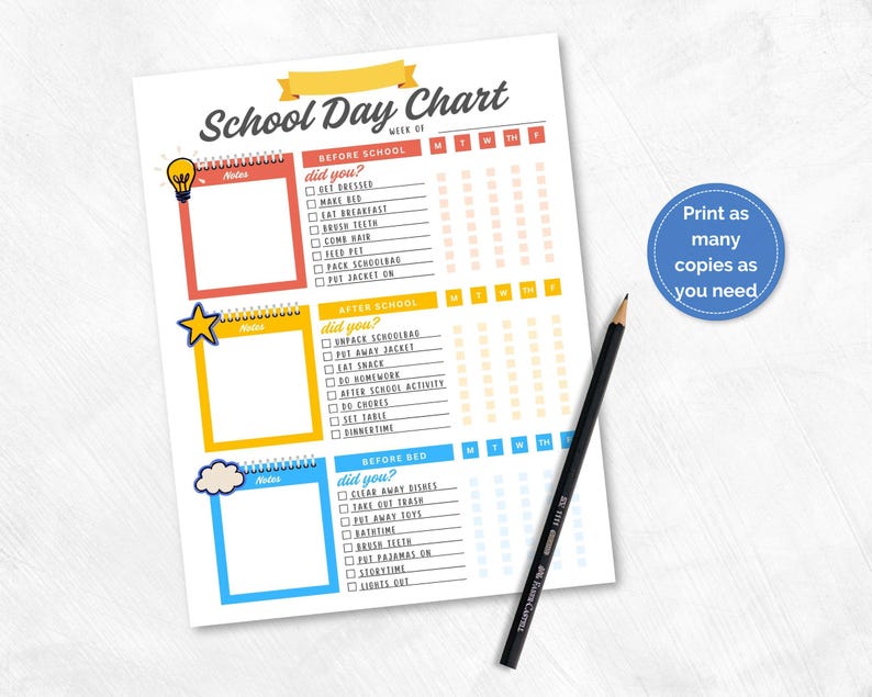 Kids School Day Checklist: Chore Chart, Visual Schedule (printable PDF ...