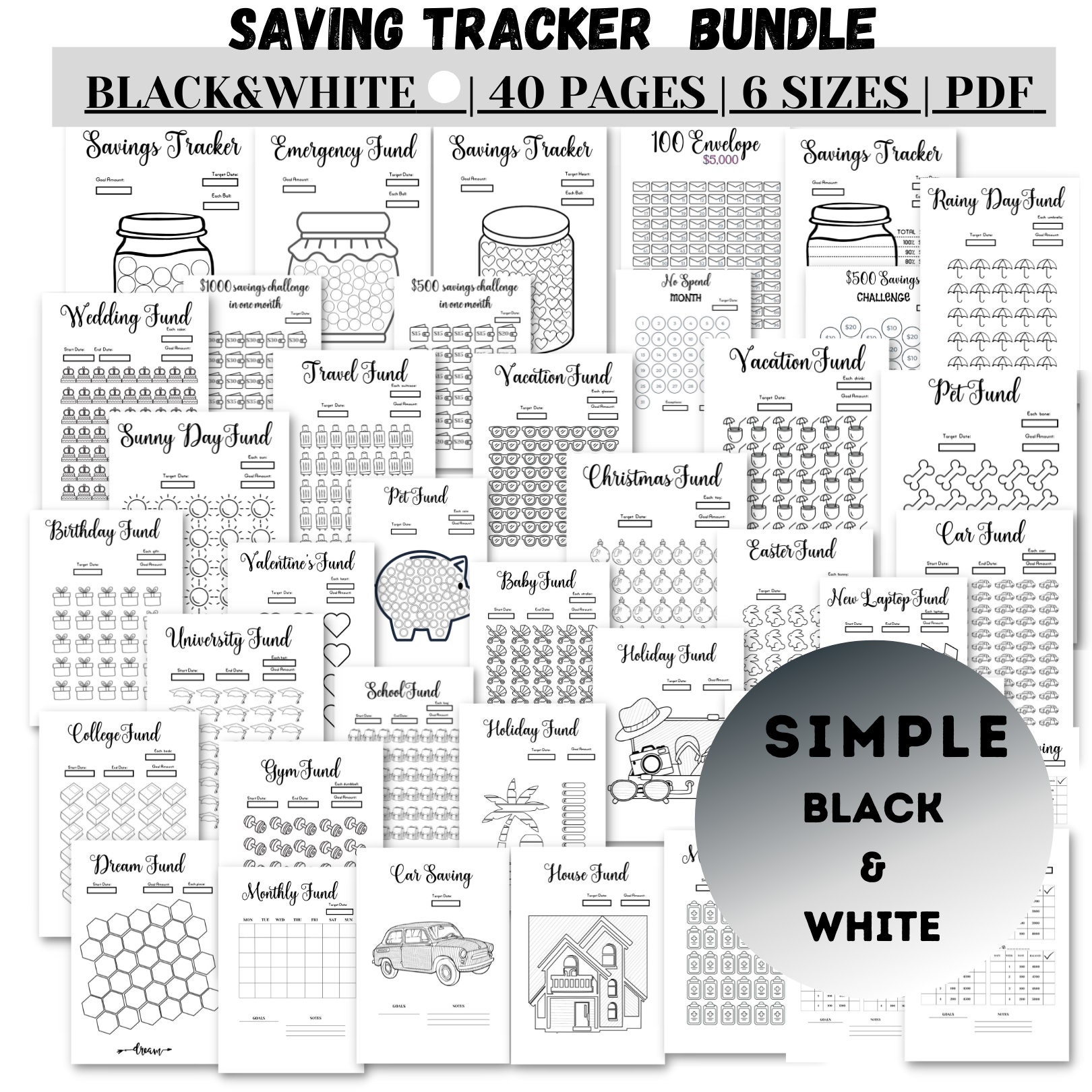 Black & White Savings Tracker Bundle: 40 Printable Pages (PDF) Budget ...
