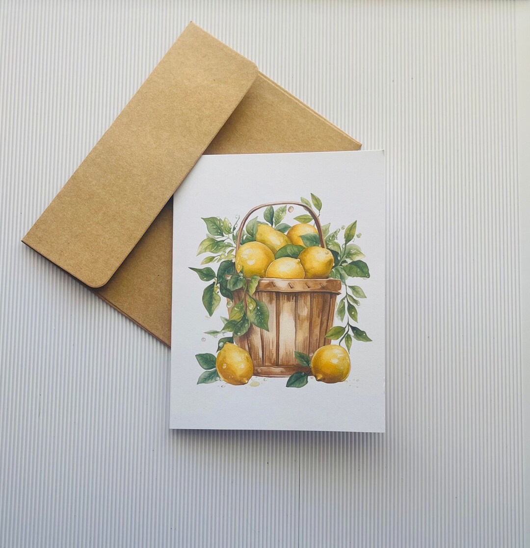 Watercolor Lemon Basket Note Card With Envelope, Spring Note Card ...