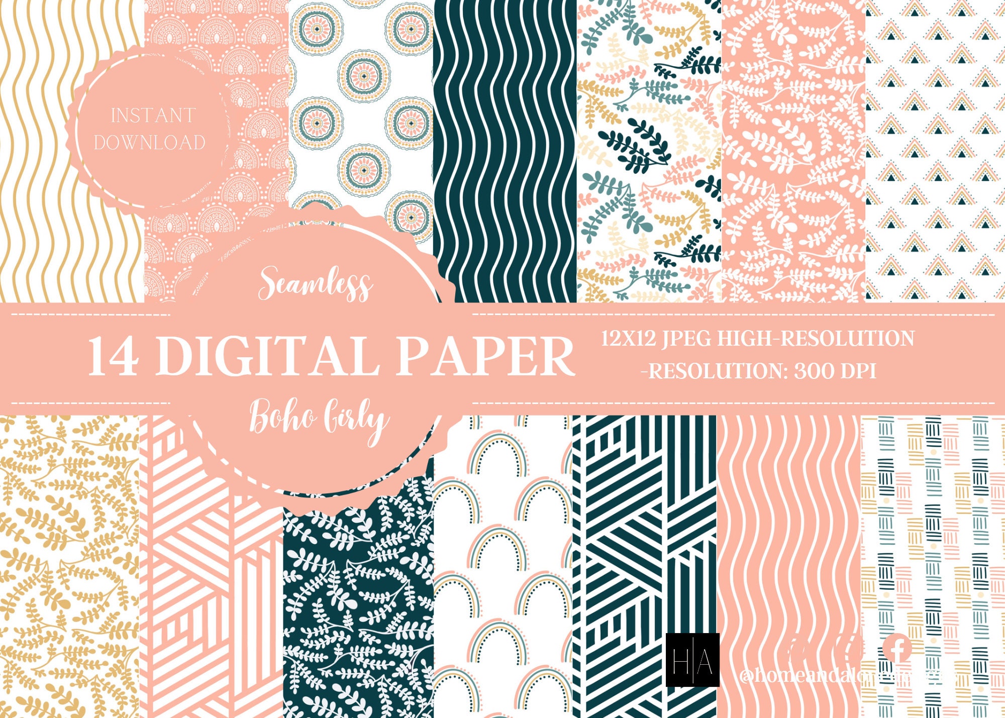 14 Boho Digital Papers, Boho Scrapbook Paper, Boho Backgrounds, Boho ...