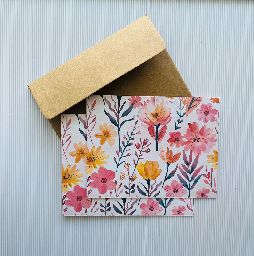 Pink and Yellow Floral Folded Notecard | Blank Greeting Card | Spring ...