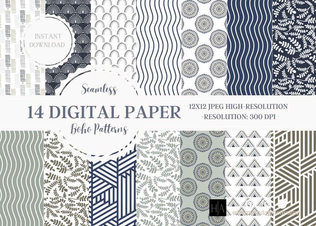 14 Seamless Boho Digital Papers, Boho Scrapbook Paper, Boho Backgrounds ...