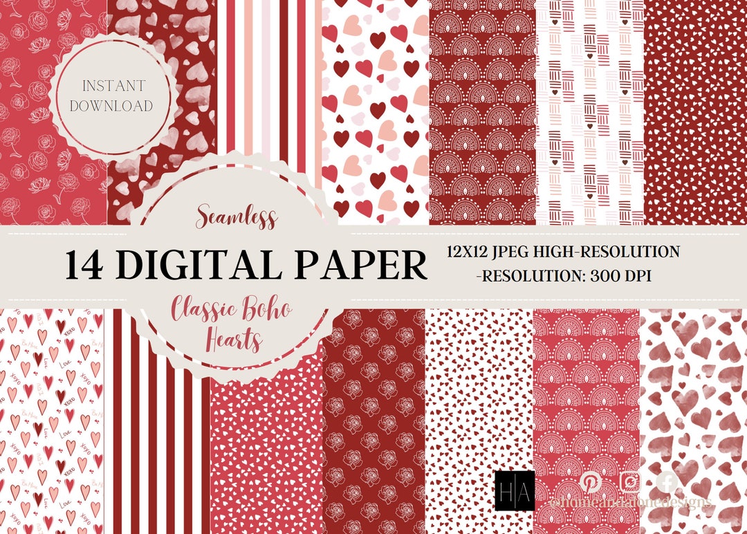 Hearts Digital Papers, Hearts Scrapbook Paper, Valentine’s Day, Mothers ...