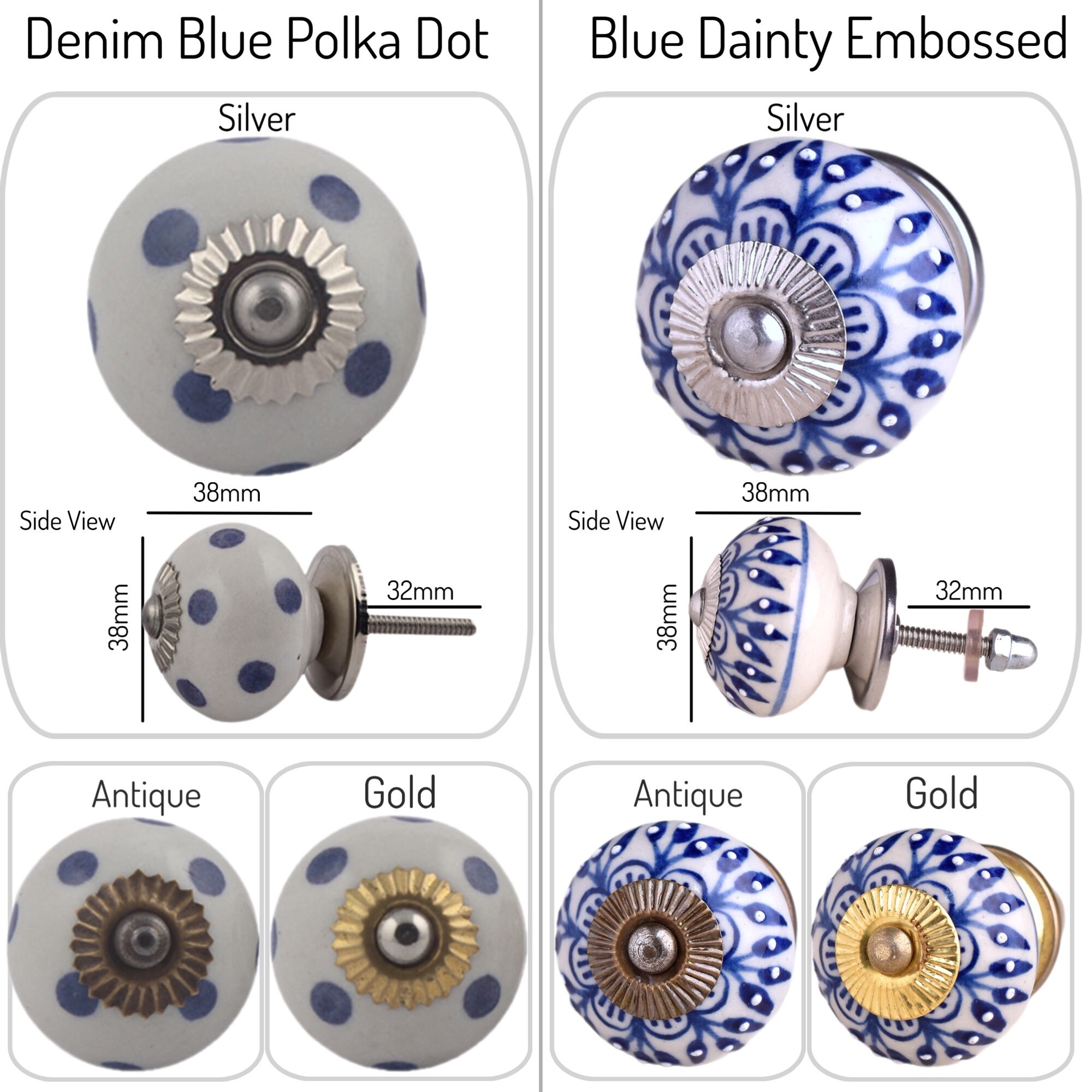 BLUE DOOR KNOBS Ceramic Vintage Cupboard Handles Drawer Pulls Cabinet ...