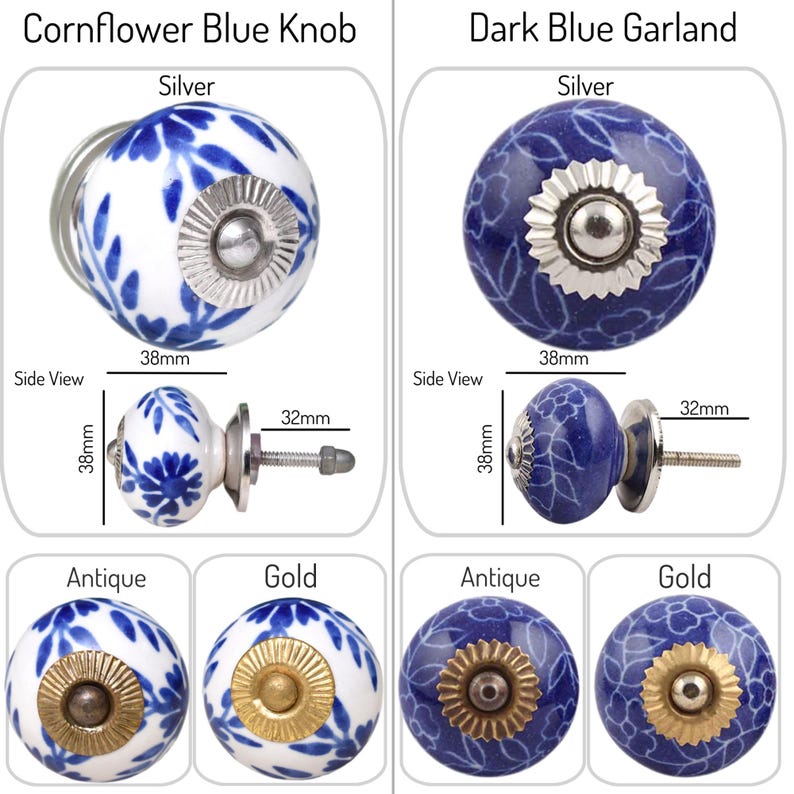 BLUE DOOR KNOBS Ceramic Vintage Cupboard Handles Drawer Pulls Cabinet Wardrobe Handmade Assorted ...