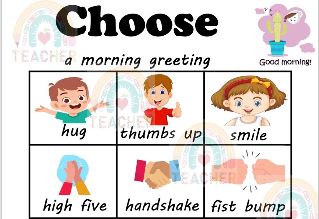Morning Greeting Poster: Thumbs Up, Handshake, Hug, Smile Portrait ...