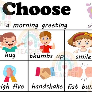 Morning Greeting Poster: Thumbs Up, Handshake, Hug, Smile Portrait ...